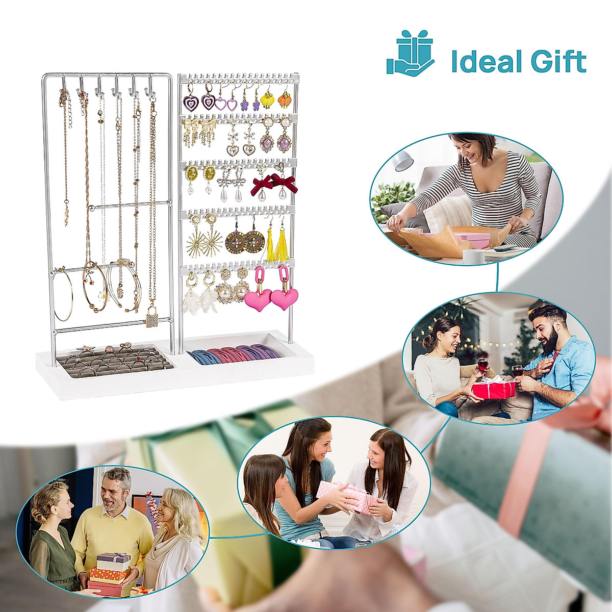 Vtopmart Jewelry Holder Organizer Stand Tree for Earring Necklace Ring Bracelets Display and Storage, with 90 Holes, 12 Hooks, Silver+White