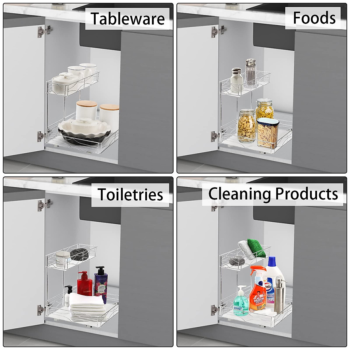 Elsjoy Under Sink Pull Out Sliding Shelf, 2 Tier Cabinet Storage Organizer Slide Out Drawer Basket with EVA Liner Pads for Kitchen, Bathroom, Request at Least 13.5" Cabinet Opening