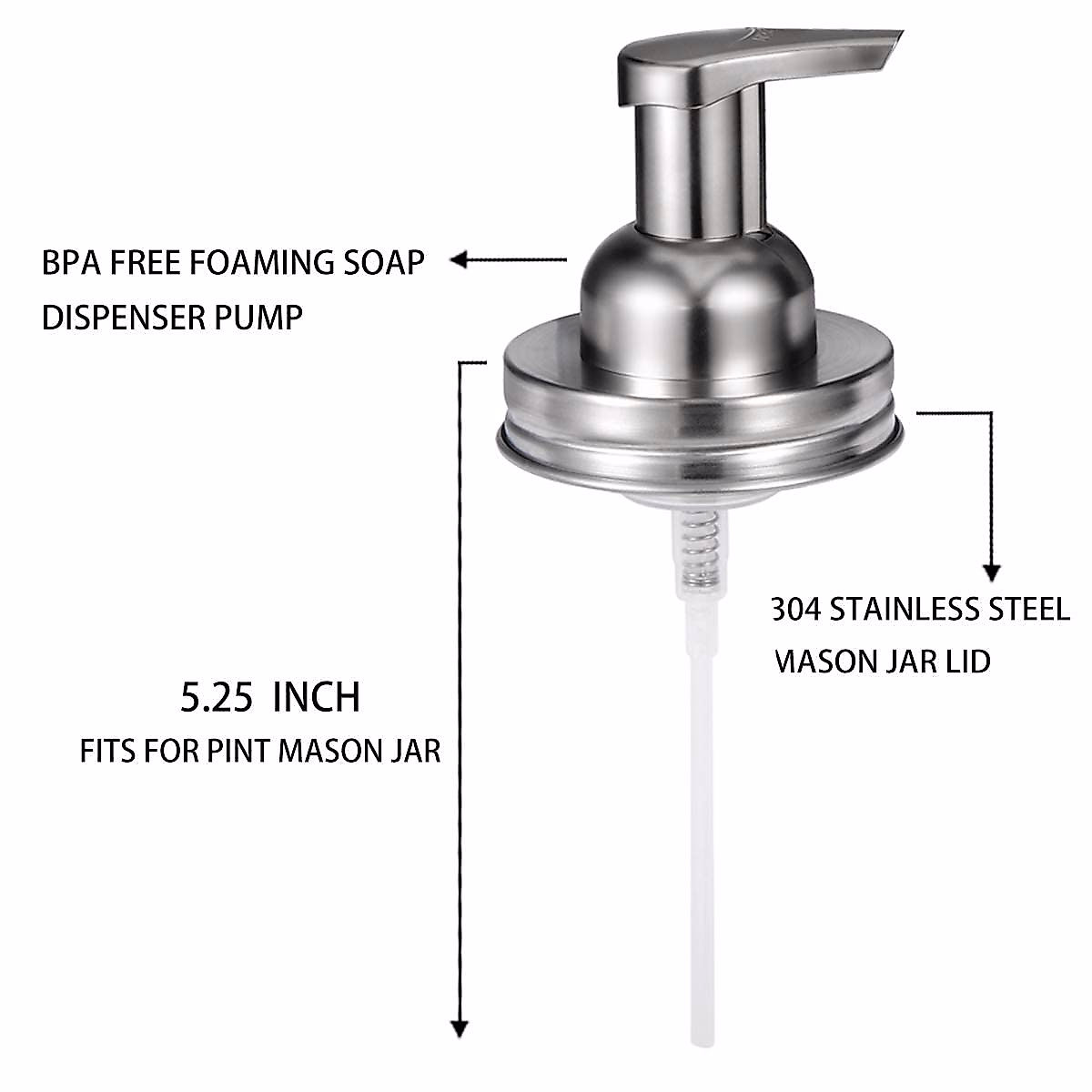 Amolliar Mason Jar Foaming Soap Dispenser Pump Lids, Rustproof Stainless Steel Lid Plastic Pump for Regular Mouth Mason Jar, Kitchen Bathroom Farmhouse Decor, Waterproof Stickers, Brushed Nickel 2Pack
