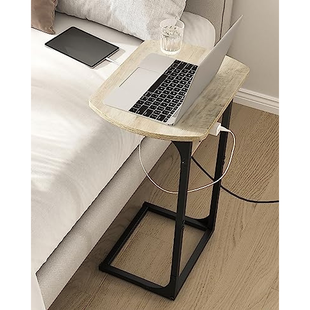 Hzuaneri C Shaped End Table with Charging Station, Bed Side Table with USB Port & Outlet, Couch Table, C Snack Table for Living Room, Bedroom, Greige and Black ET05105B