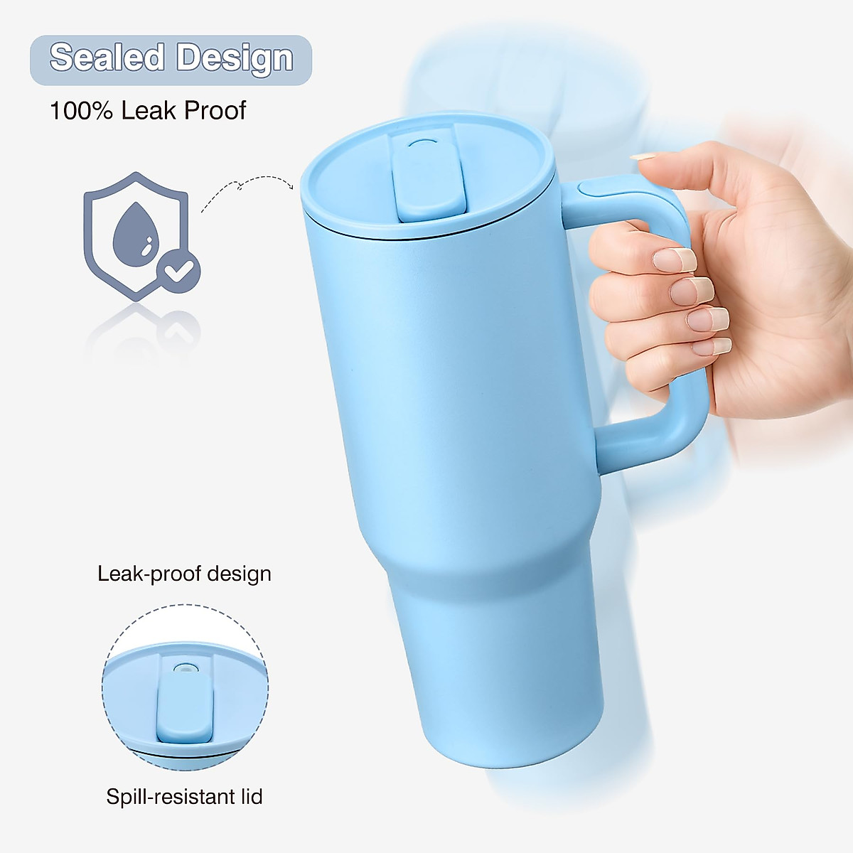 Pawtong 40oz Magnetic Lid Insulated Tumbler with Handle, 360° Rotating & Removable Cover, Leak-Proof Travel Mug with Soft Silicone Straw for Drivers, Commuters, Road Trips, Dishwasher Safe (Blue)