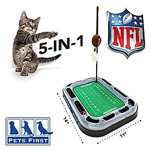 Pets First NFL Buffalo Bills Football Field CAT Scratcher Toy with Catnip Filled Plush Football Toy & Feather Cat Toy Hanging, with Jingle Bell Interactive Ball Cat Chasing 5-in-1 Kitty Toy