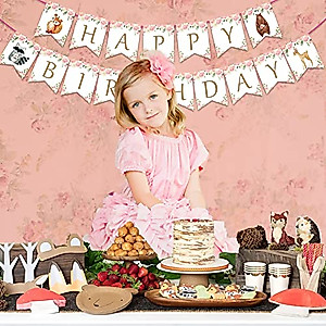 Woodland Happy Birthday Banner-Forest Animal Creatures Bunting Banner Garland for Girls Woodland Birthday Party Decorations