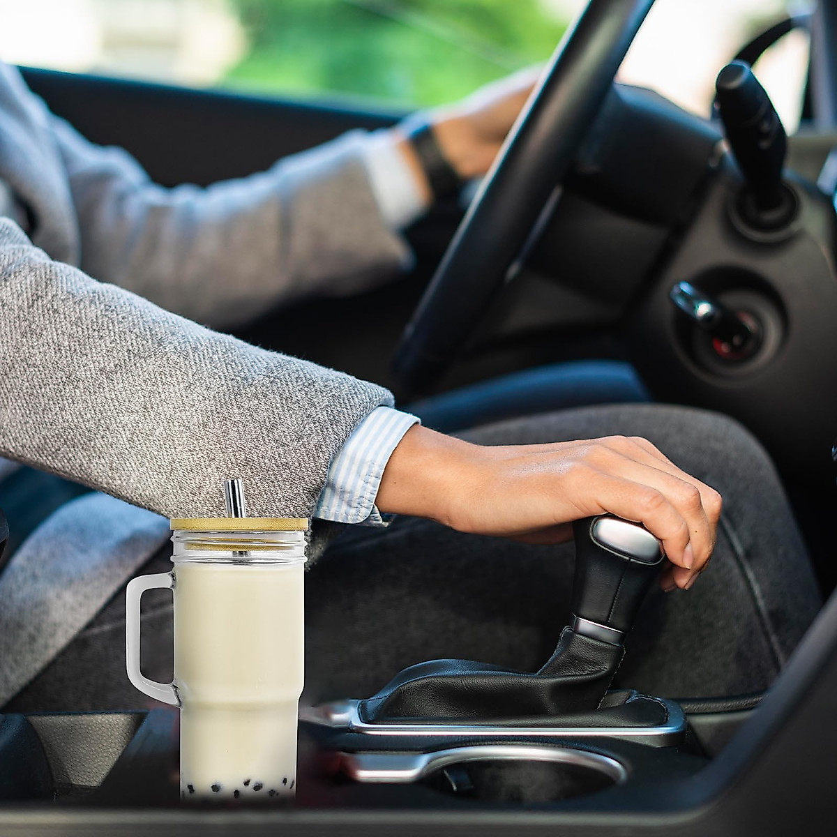 CHLJAR 4Pcs Glass Cups with Lids and Straws, 24oz Mason Jar Iced Coffee Cup Drinking Jars Glasses Tumbler with Handle Bamboo Lids Wide Mouth Travel Mug for Bubble Tea, Iced Coffee, Smoothie, Beer