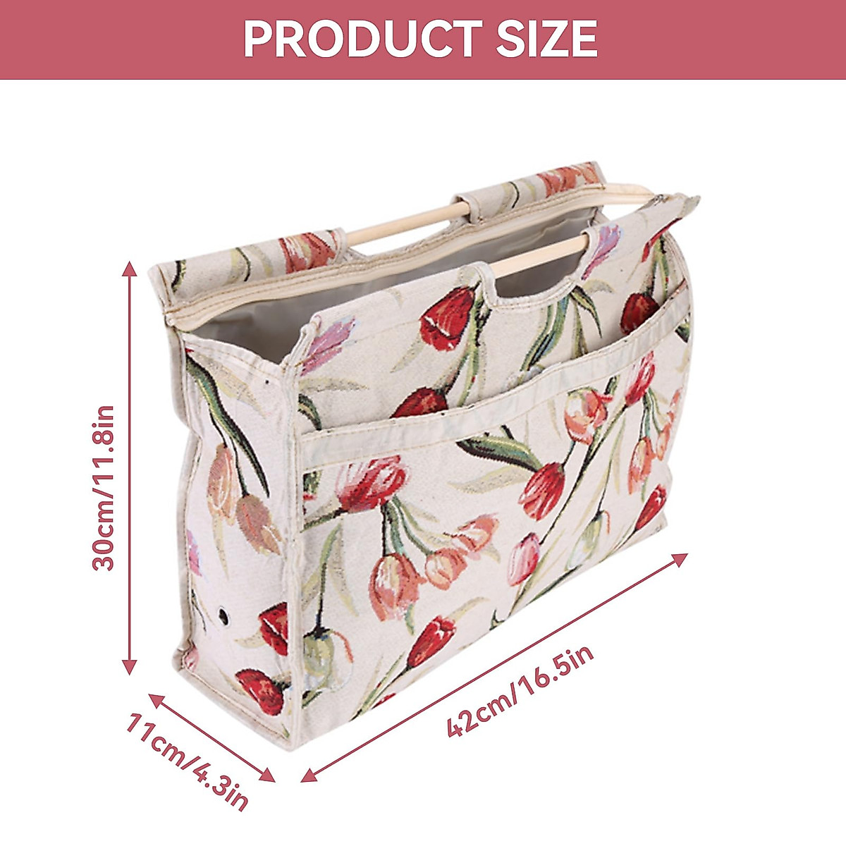 Agatige Knitting Yarn Storage Bag, Wood Handles Knitting Bag Tote Organizer Woven Fabric Storage Bag Travel Yarn Tote Organizer Crochet Bag for Knitting Needles Sewing Tools, 42*30*11cm, Rose Flower