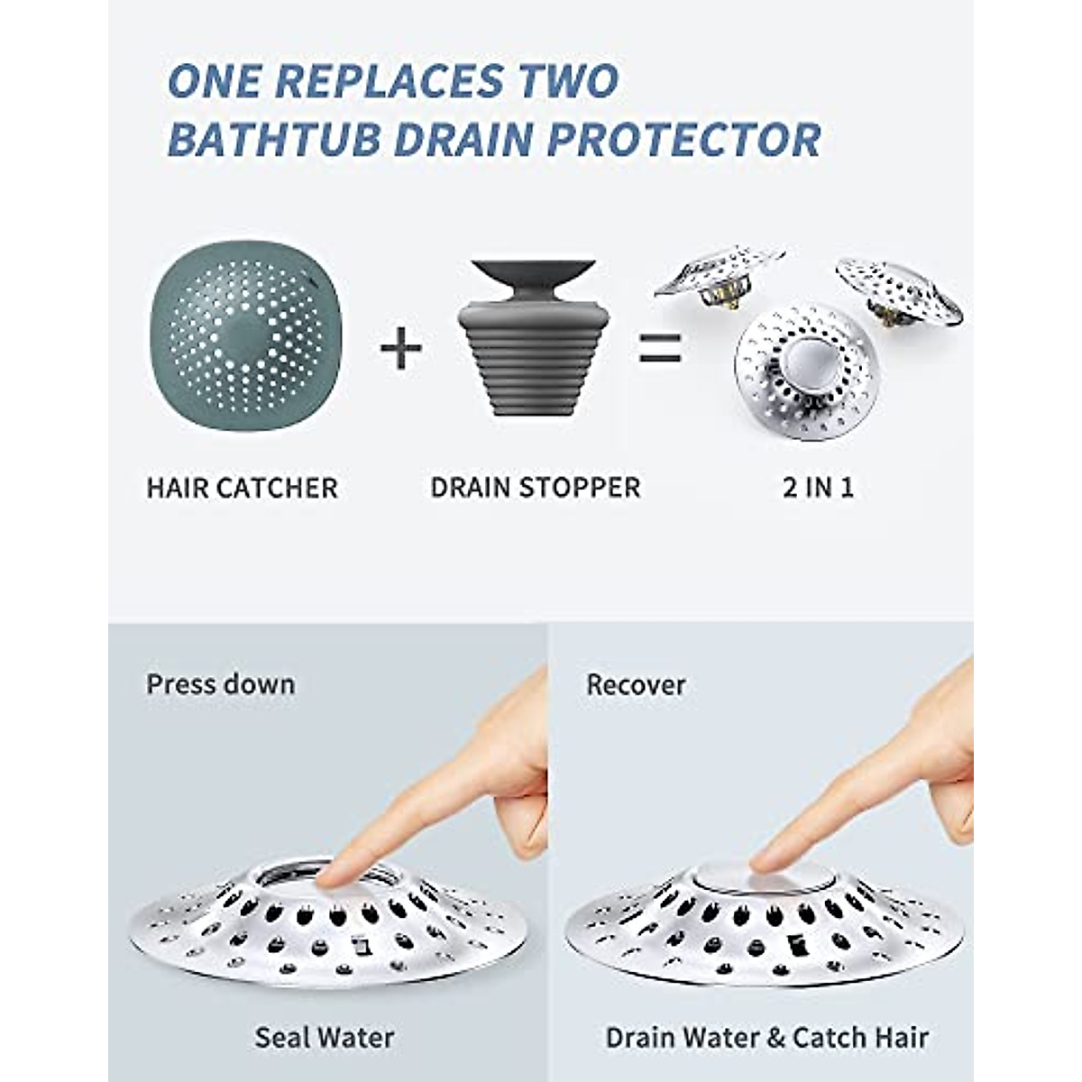 2 in 1 Bathtub Stopper with Drain Hair Catcher, Miaphie Anti-Clogging Tub Stopper with Dual Filtration Design, Pop-up Bath Tub Stoppers Bathtub Drain Plug for 1.45-1.85" Drain Hole