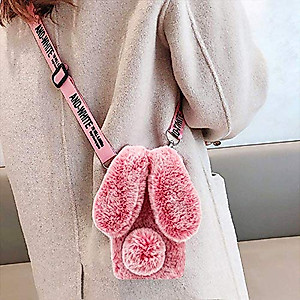 Rabbit Case for Samsung Galaxy S21 Plus 5G,MOIKY Plush Crossbody Cute Fluffy Bunny Ears Hair Ball Warm Soft TPU Case for Women Bling Rhinestone Shockproof Silicone Bumper Protection Cover,Dark Pink
