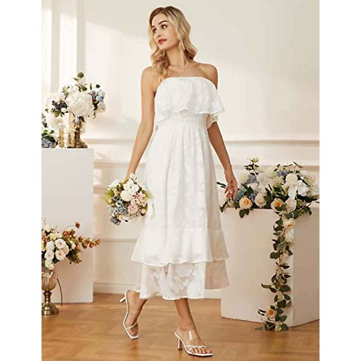 Cocktail Dresses for Women Wedding Guest Long Floral Textured Party Dresses Summer Holiday White L