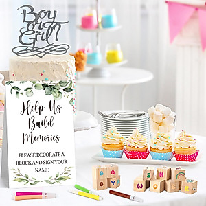 Dinifee 125 Pcs Baby Shower Decorate a Block Game Set Includes Help Us Build Memories Sign 100 DIY Blank Wooden Block 24 Paint Marker Baby Shower Prize for Wedding Baby Shower Game (Leaves)
