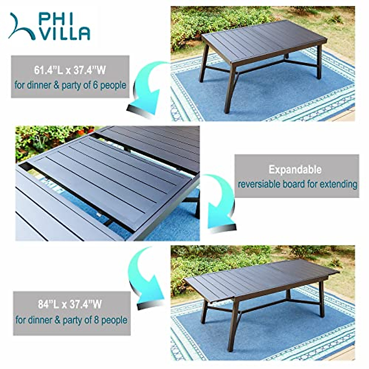PHI VILLA 9 Pieces Patio Dining Set for 8, Rattan Wicker Chairs and E-Coating Expandable Rectangular Metal Table, Outdoor Dining Table and Chairs Furniture for Backyard Deck Garden Porch
