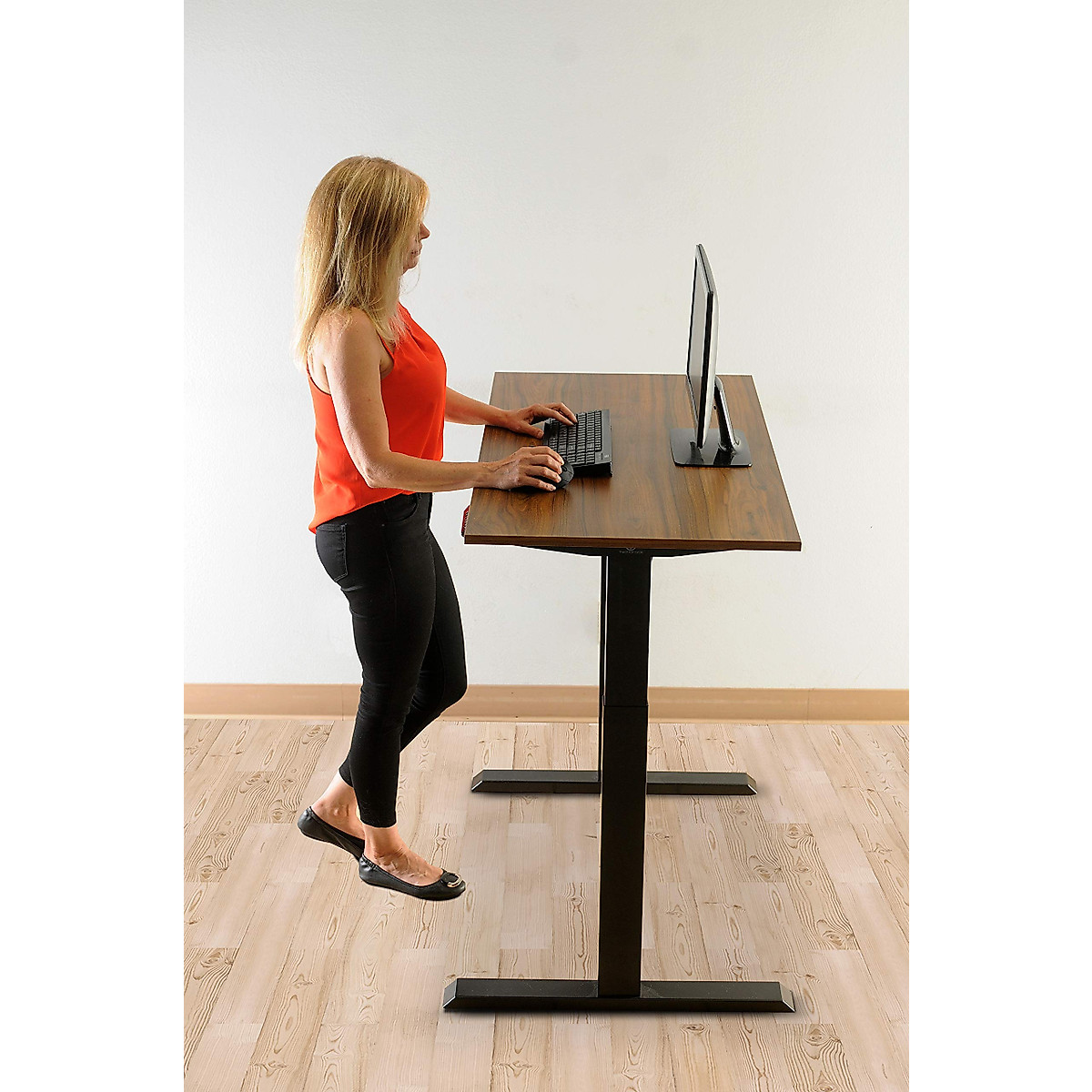 TechOrbits 47 Inch Electric Standing Desk Frame with Tabletop - Motorized Workstation Two Leg Stand Up Desk with Memory Settings and Telescopic Sit Stand Height Adjustment (Black Frame/Wood Brown Top