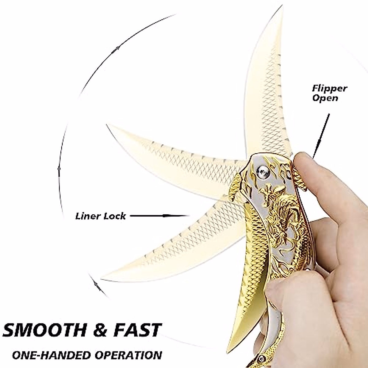 IKORES Pocket Knife, 3.5 inch Folding Knife with with 3D Golden Dargon Relief Handle, Pocket Knife for Men Women, Everyday Carry EDC and Hiking Camping Knives