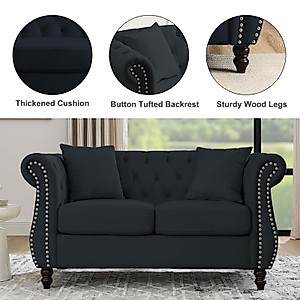 AZSJML 58.8" Chesterfield Loveseat Velvet Sofa for Living Room,Modern Upholstered 2-Seater Couch, Tufted Velvet Casual Sofa Rolled Arms and Nailhead with 2 Pillows for Bedroom, Office, Black