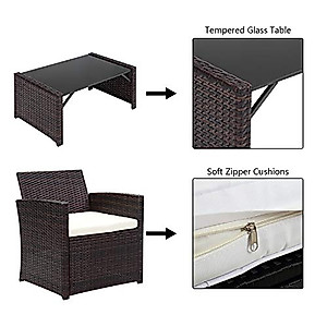 4 Pieces Outdoor Patio Furniture Set Brown Wicker Rattan Cousioned Sectional Conversation Sofa with Coffee Tea Table for Backyard Porch Garden Poolside Balcony Beige