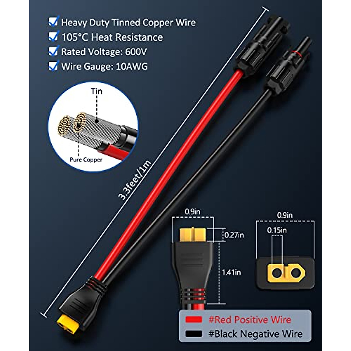 ELECTOP 10AWG Solar Connector to XT60 Adapter Connector Extension Cable, XT60 Plug Female Connector Solar Panel Connector Adapter Battery Charger Cable for Portable Power Station Solar Generator RV
