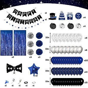 Ouddy Life Blue and Black Birthday Decorations for Men Boys, Navy Blue Black Sliver Confetti Balloon Happy Birthday Banner Fringe Curtain Hanging Swirl Graduation Baby Shower Engagement Party Supplies