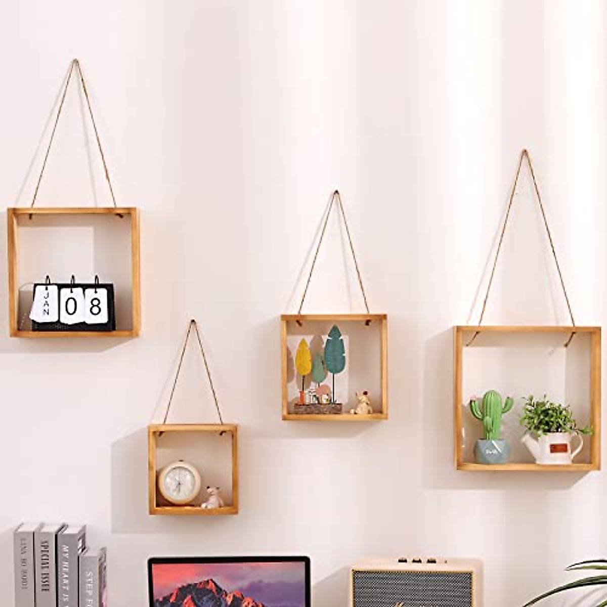Square Floating Shelves,Rustic Wall Mounted Wood Cube Display Shelf Shadow Boxes,Large Wooden Wall Organizer Hanging Shelf,Home Office Boho Wall Decorations for Living Room Bedroom,Brown,Set of 4