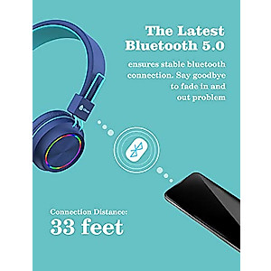 iClever BTH03 Kids Bluetooth Headphones Safe Volume, Colorful LED Lights, 25H Playtime, Stereo Sound Mic, Bluetooth 5.0, Foldable, On Ear Kids Wireless Headphones for Tablet Airplane, Blue