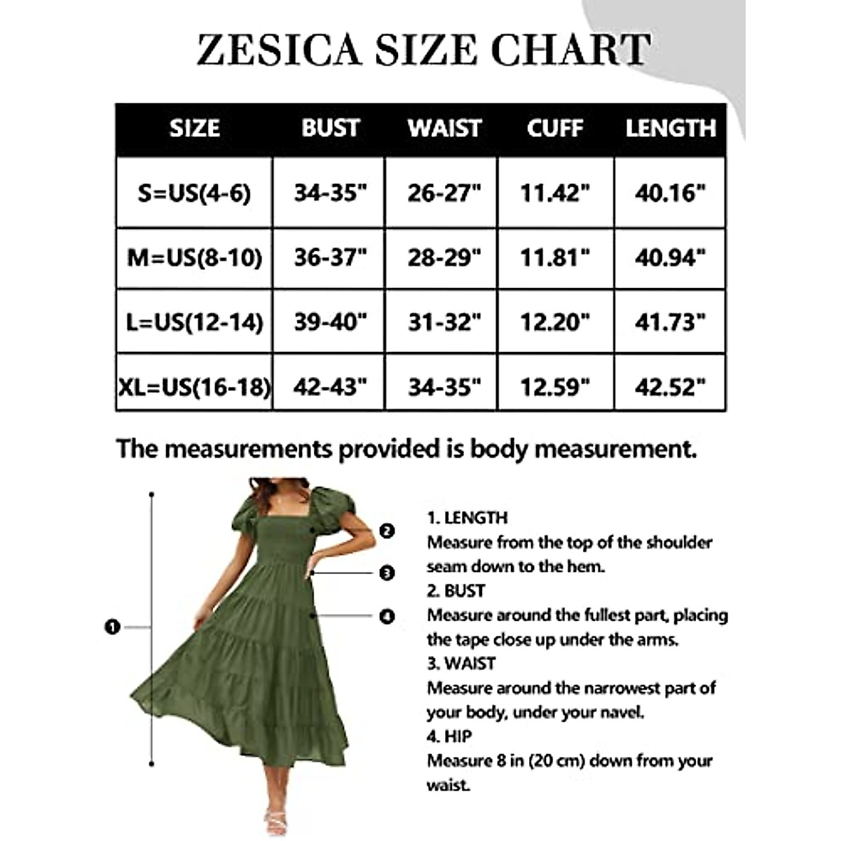 ZESICA Women's 2023 Summer Square Neck Short Puff Sleeve Solid Color High Waist Casual Smocked Flowy A Line Tiered Midi Dress,ArmyGreen,Small