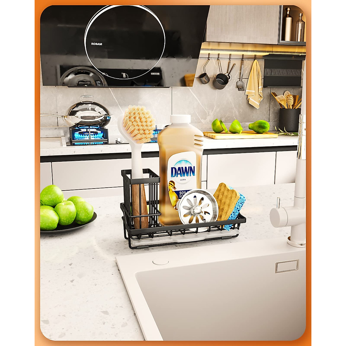 SWTYMIKI Sink Caddy Sponge Holder - Kitchen Sink Organizer with High Brush Holder for Countertop by the Sink Holding Dish Soaps and Sponges, Stainless Steel, Black