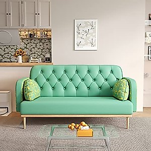 LEVNARY 56-inch Loveseat Small Couch, Modern Technology Cloth Sofa with Upholstered Back, Accent Comfy Tufted Couch with Throw Pillows and Solid Wood Legs for Compact Space Apartment (Green)