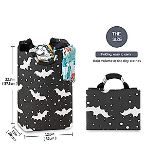 Kaariok Halloween Bats Black White Polka Dots Laundry Hamper with Handles Waterproof Collapsible Storage Basket Large Dirty Clothes Bin for Laundry Room, 22.7 Inches