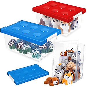 Tanlade 2 Pieces Plastic Organizer Box Clear Stackable Toy Organizer Bins with Lid, Large and Small Brick Shaped Storage Containers Toy Chest for Building Brick Small Dolls Toys Kids (Blue, Red)
