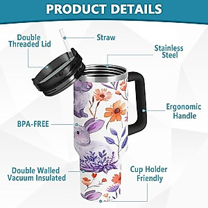 FRCSDIY Cute Rabbit Insulated Tumbler with Handle and Straw Lid,40oz Leakproof Stainless Steel Cup BPA-Free Water Bottle