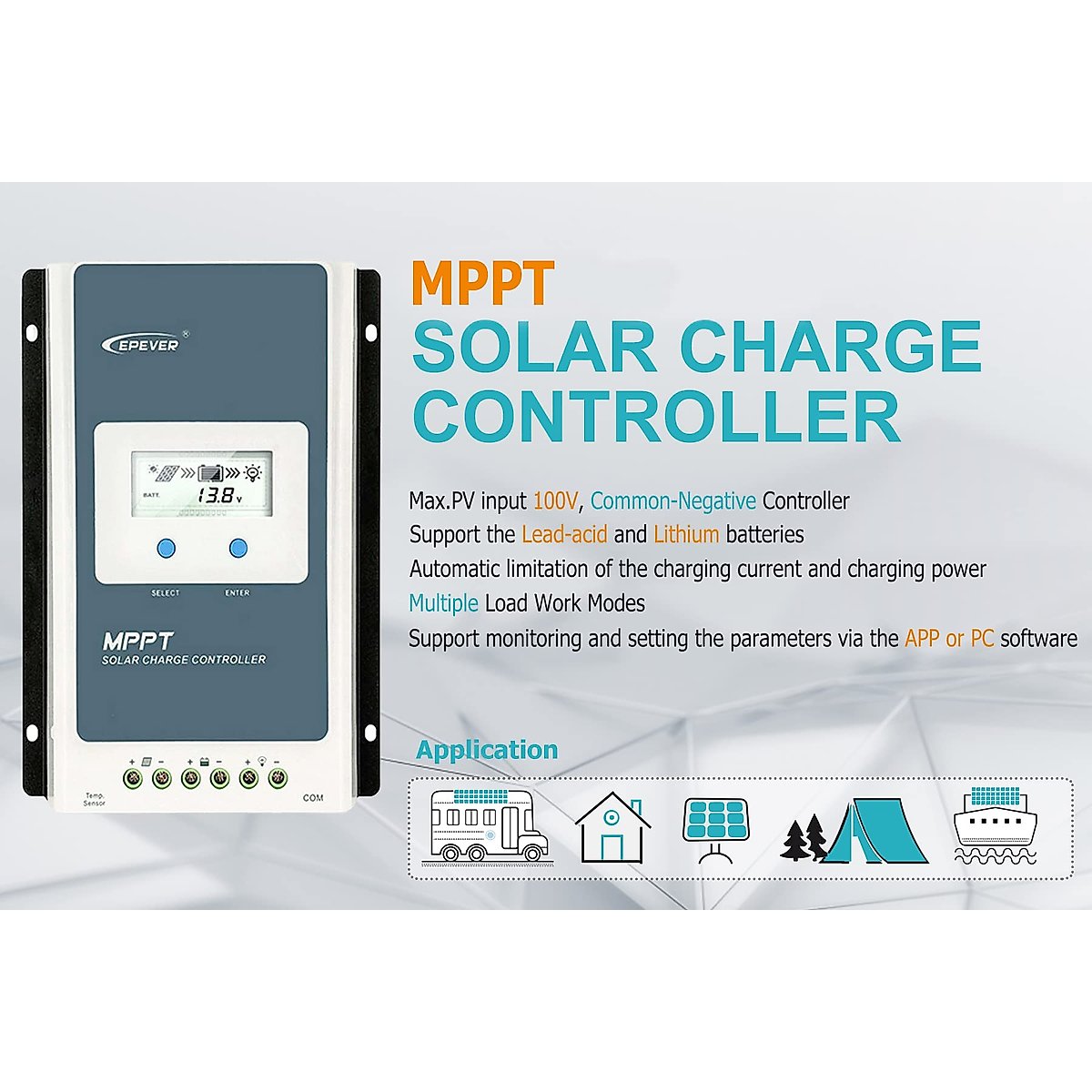 EPEVER 40A MPPT Solar Charge Controller 12V 24V Auto, 40 amp Negative Grounded Solar Charge Controller MPPT Max Input 100V, 520W/1040W for Lead-Acid, Lithium Batteries and Load Timer Setting