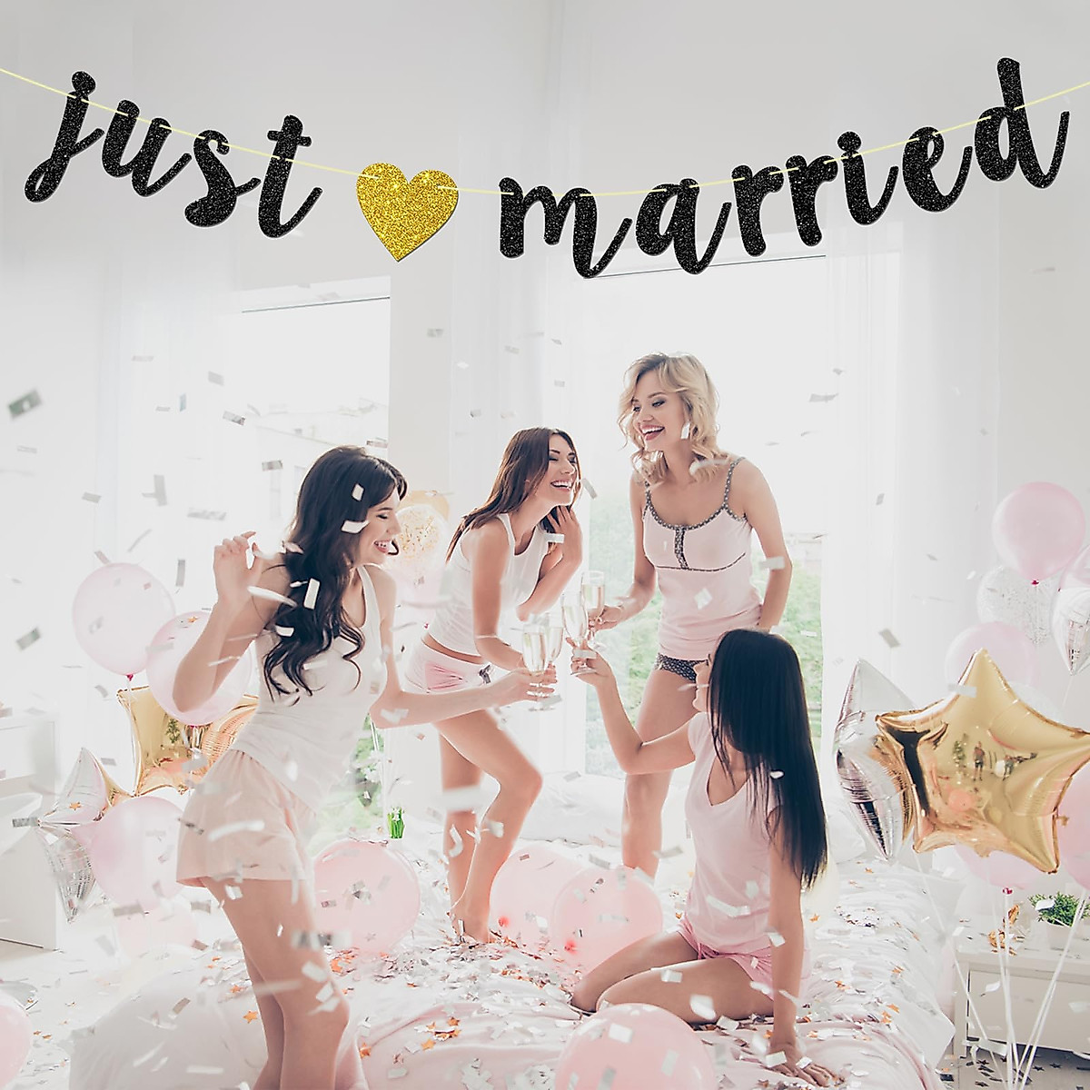 Black Glitter Just Married Banner - Just Married Sign - Wedding Banner - Bridal Shower / Bachelorette Party Decoration Supplies