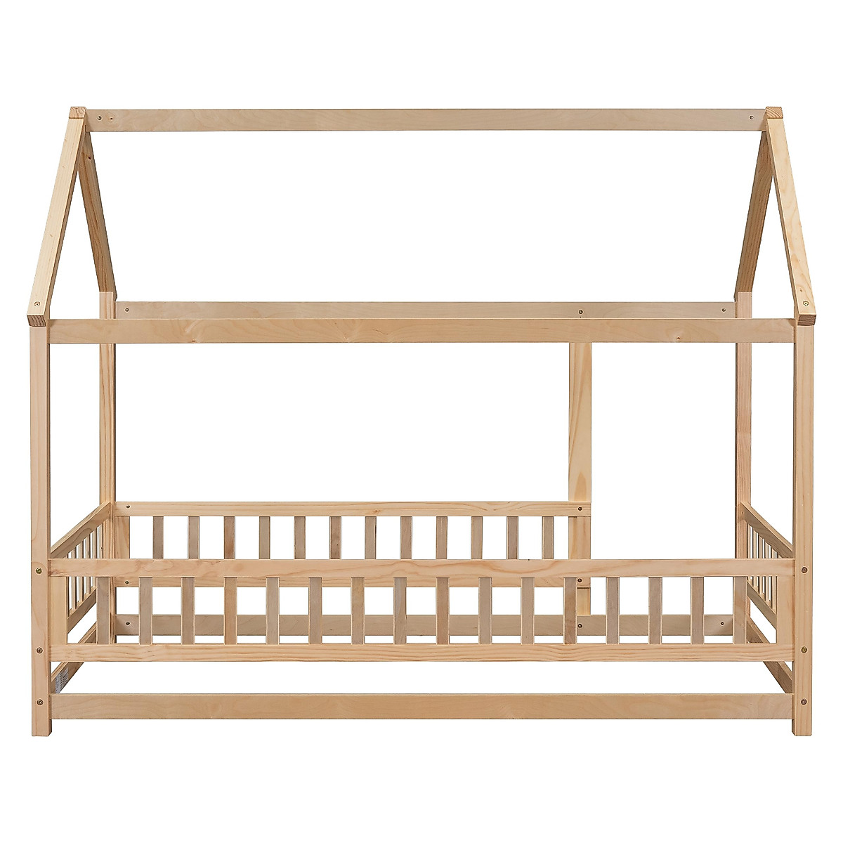 UOCFYK Twin Size Floor Bed, Wood Montessori House Bed Frame with Fence, House Floor Bed for Kids, Boys and Girls, Decoratable Playhouse for Kids, Natural
