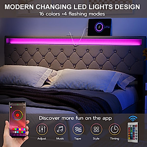 IKIFLY Upholstered King Size Headboard with LED Lights & 2 USB Ports - Adjustable Height - Button Tufted Linen Fabric Padded Headboard, Easy Assembly, King Headboard Only for Bedroom - Light Brown