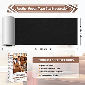 KING MOUNTAIN Leather Repair Patch,4 x 63 Inches self Adhesive Leather Repair Tape for Damaged Leather Furniture, Sofa Seating,Car Seats, Leather Goods(Black)