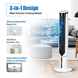 GOFLAME 41" Evaporative Air Cooler Portable, 3-IN-1 Oscillating Tower Fan with Remote Control, 3 Wind Speeds and 3 Modes, Bladeless Air Cooling Fan with LED Display and 9H Timer for Living Room Office