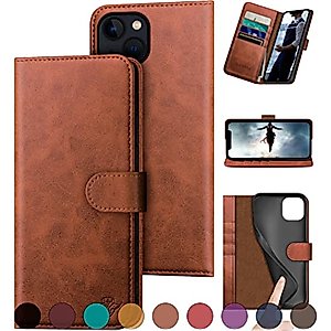 DuckSky for iPhone 13 6.1" Genuine Leather Wallet case 【RFID Blocking】【4 Credit Card Holder】【Real Leather】 Flip Folio Book Phone case Protective Cover Women Men for Apple 13 case Light Brown