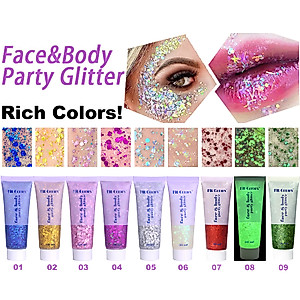 Glow in The Dark Body Glitter Gel, Holographic Chunky Glitter Makeup for Body, Hair, Face, Nail, Super Long Lasting Waterproof Luminous Face Glitter Gel for Carnival Party（#8 Luminous Glitter,1PC）