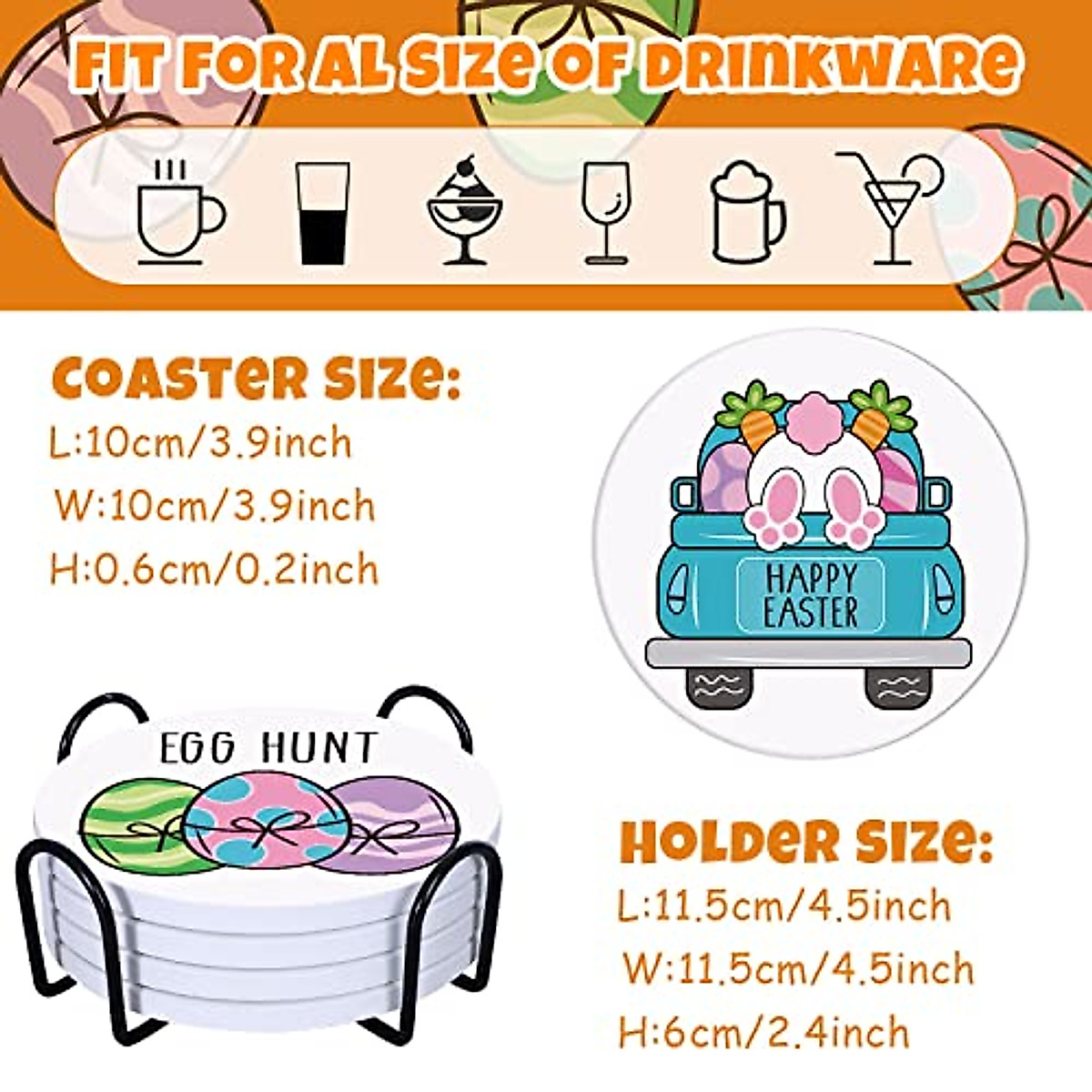 Whaline 4Pcs Easter Ceramic Coaster Set Bunny Gnome Egg Carrot Prints Drink Coasters Cartoon Style Absorbent Coasters for Easter Egg Hunt Home Decor Table Protection Housewarming Gifts