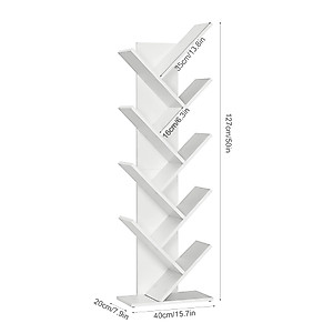 Meerveil 9-Tier Floor Standing Tree Bookcase, Bookshelf Wooden for Books Magazine CDs in Living Room Home Office Modern White