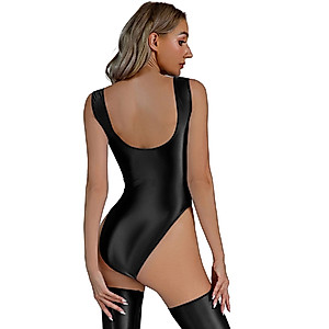 YiZYiF Women's 70D Oil Glossy Shiny Swimsuit High Cut Thong Blackless Dance Leotard Bodysuits Black Large