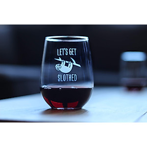 Let’s Get Slothed – Cute Funny Stemless Wine Glass, Large 17 Ounces, Etched Sayings, Gift Box
