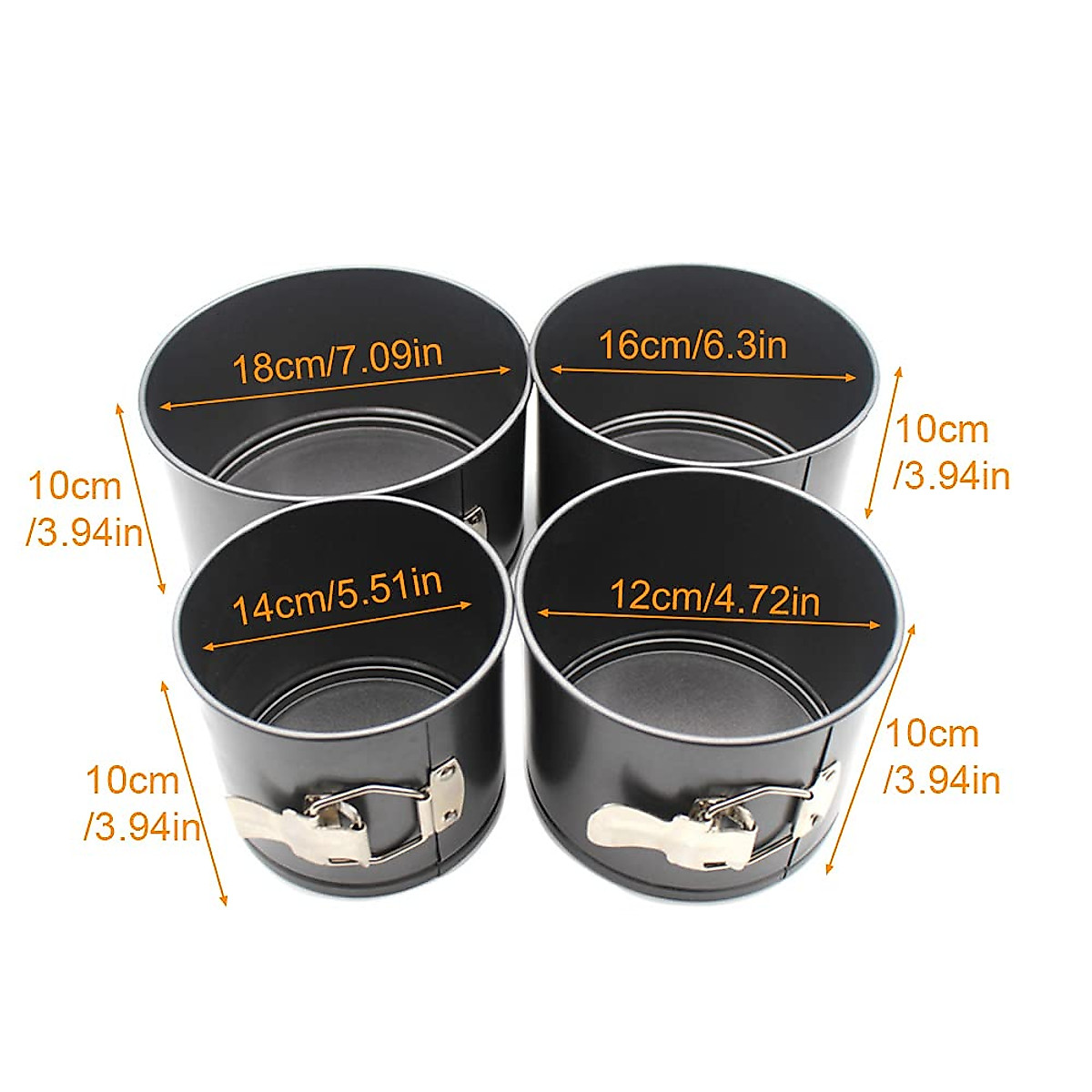 beiyoule 4 Pcs Springform Pan (4inch, 5inch, 6inch, 7inch), Cake Tin for Baking, Detachable Bottom Carbon Steel Cheesecake Mold (Black)