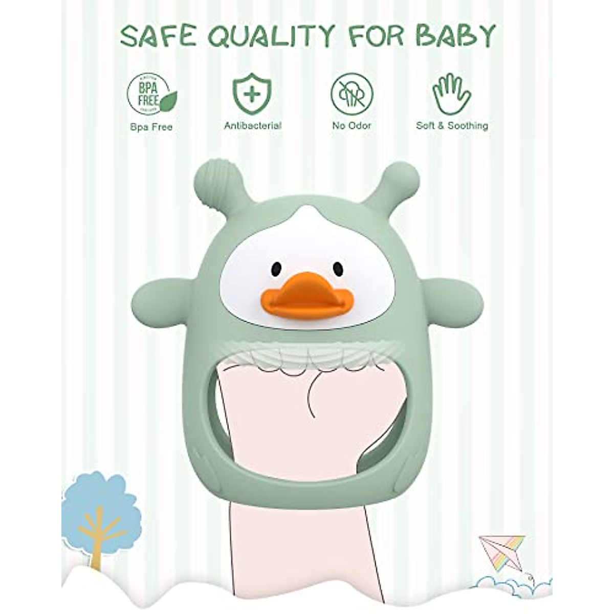 Baby Teething Toys, for Infants 3+ Months, Never Drop Silicone Baby Mitten Teether for Soothing Pain Relief, Baby Chew Toys for Sucking Needs, BPA Free (Green)