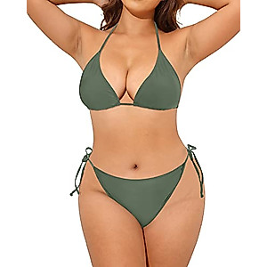 Tempt Me Women Plus Size Triangle Bikini String Two Piece Halter Tie Side Swimsuit Army Green 16 Plus