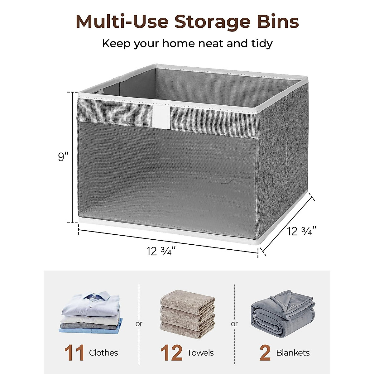 StorageWorks Closet Storage Bins, Large Storage Baskets with Clear Window and Handles, Fabric Organizer for Clothes, Foldable Cube for Shelves, Gray, 3 Pack