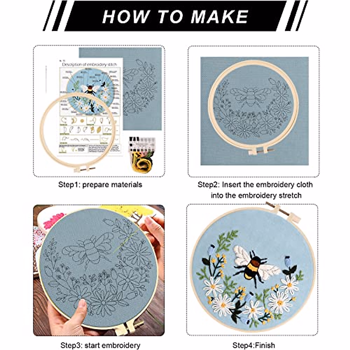 Lukinbox Embroidery Starter Kit for Beginners, 3 Sets Cross Stitch Kits for Adults, Include Embroidery Clothes with Cute Bees and Flowers Patterns, 1 Embroidery Hoop, Threads, Needles and Instruction