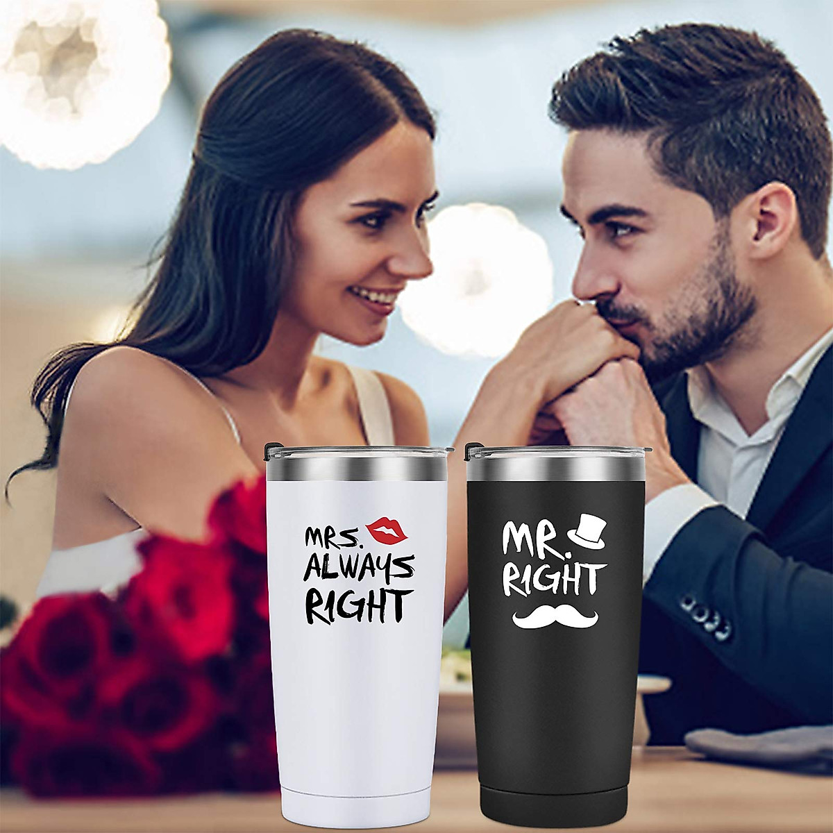 Mr. Right Mrs. Always Right Travel Tumbler Set, Wedding Engagement Gifts for Husband Wife Newlywed Couples Bride Groom Anniversary Bridal Shower, 20oz Stainless Steel Travel Tumbler, Black and White