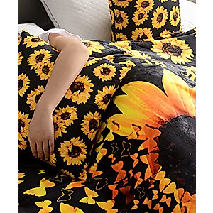 WIBUE Sunflower Blanket 50"x40" with 2 Sunflower Pillow Covers 18"x18",Decorative Fleece Throw Blanket 3 Piece Set,Fuzzy Soft Cozy Warm Lightweight Blanket for Sofa,Couch,Bed,Travel,Camping
