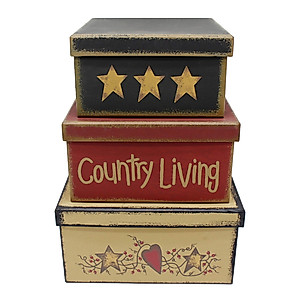 CVHOMEDECO. Farmhouse Square “Country Living” Cardboard Nesting Boxes for Photos Memories Keepsakes, Large 9 X 9 X 4-1/2 Inch. Set of 3.