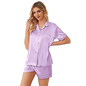 Silk Pjs for Women Set, Cute Silky Matching 2 Pcs Comfy Nightwear Button Down Sexy Soft Satin Summer Pj Short Set, D Lavender, X-Small