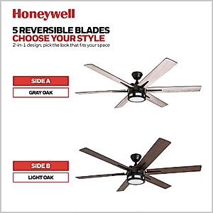 Honeywell Ceiling Fans Kaliza, 56 Inch Indoor Modern LED Ceiling Fan with Light and Remote Control, Dual Mounting Options, 6 Blades with Dual Finish, Reversible Motor - 51036-01 - (Bronze)